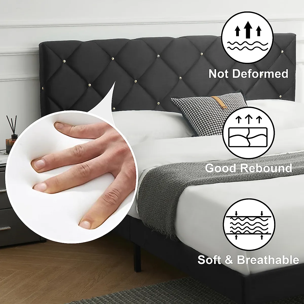 AsKmore Queen Size Bed Frame,Velvet Upholstered Platform with Headboard and Strong Wooden Slats,Non-Slip and Noise-Free,No Box Spring Needed, Easy Assembly,Black