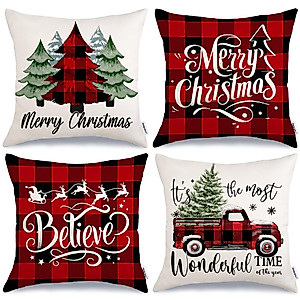 GEEORY Merry Christmas Throw Pillow Covers 18x18 Inch Set of 4, Xmas Trees Truck Buffalo Plaid Believe Farmhouse Decorative Cushion Cases for Home Decoration G421-18