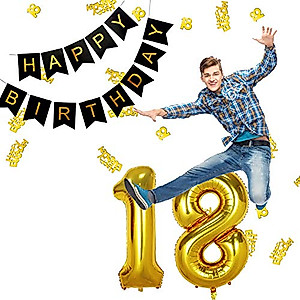 MOVINPE 18th Black Gold Birthday Party Decoration, Happy Birthday Banner, Jumbo Number 18 Foil Balloon, 2 Fringe Curtain, Latex Confetti Balloon, Table Confetti for Boy Girl Men Women Anniversary