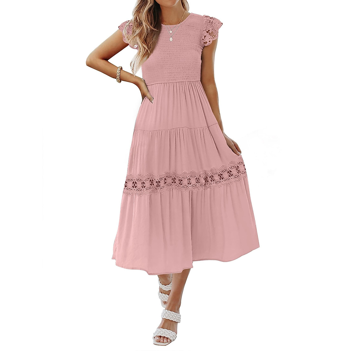 ZESICA Women's Casual Crew Neck Flutter Sleeve Smocked High Waist Hollow Out Lace Trim Tiered A Line Midi Dress,DarkPink,Small