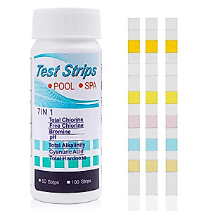 7 in 1 Pool and Spa Test Strips, 100PCS Swimming Pool Water Test Strip, Hot Tub Water Test Strips, Total Hardness, Total Chlorine, Bromine, Free Chlorine, PH, Cyanuric Acid & Total Alkalinity