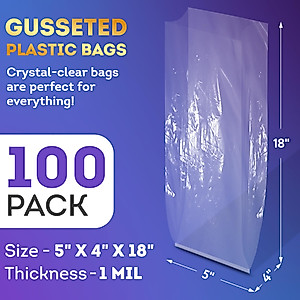 APQ Clear Gusseted Poly Bags, 5 x 4 x 18 Inch. Pack of 100 Gusseted Plastic Bags 1 Mil Thick for Favors with Open Top. Clear Plastic Bags for Packaging Cookies, Popcorn, Candies, Homemade Bread