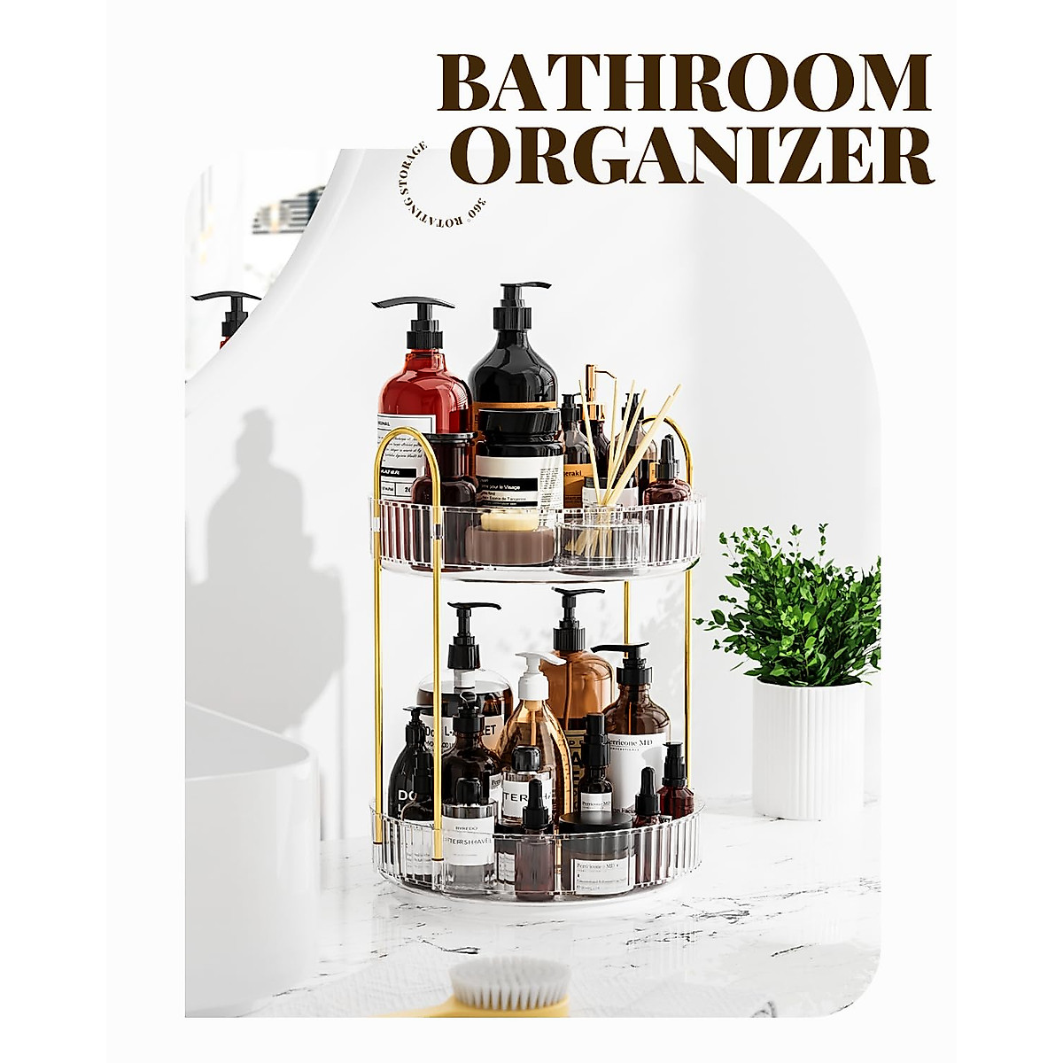 Devokimi Bathroom Organizer Countertop, Rotating Makeup Organizer for Vanity, 2-Tier Make Up Organizers and Storage, Vanity Tray Shelf for Cosmetic, Skin Care, Lotions (Clear)