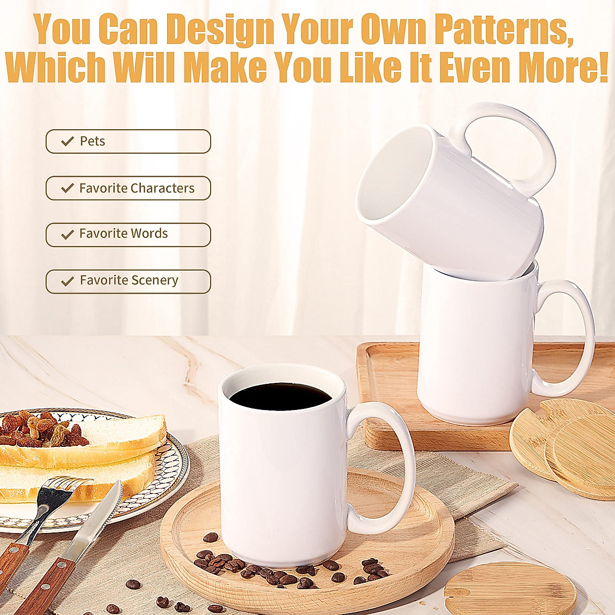 RAINBOWTIE Sublimation Mugs 15 oz Sublimation Mugs Blank with Bamboo Lid White Coffee Mugs Sublimation Coffee Mugs Coffee Cup with Lid Set of 12