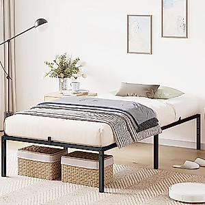 Amyove Twin Size Bed Frame, Metal Twin Platform Bed Frame with 3 in 1 Steel Support, 14 Inch No Box Spring Needed Easy to Assemble Black Mattress Foundation - Twin