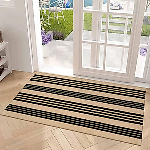 LEEVAN Outdoor Door Mat 2.3'x3.6', Washable Entryway Rug Reversible Indoor Outdoor Entrance Mat, Low Profile Black and Tan Striped Rug, Cotton Woven Porch Mat Non-Shedding Kitchen Foyer Rug