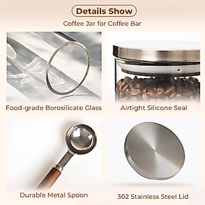 ComSaf Coffee Container for Ground Coffee, 44 OZ Coffee Canister with Stainless Lids, 2 PCS Glass Coffee Storage Container with Shelf, Coffee Bean Storage Jars with Metal Scoop Coffee Bar Accessories