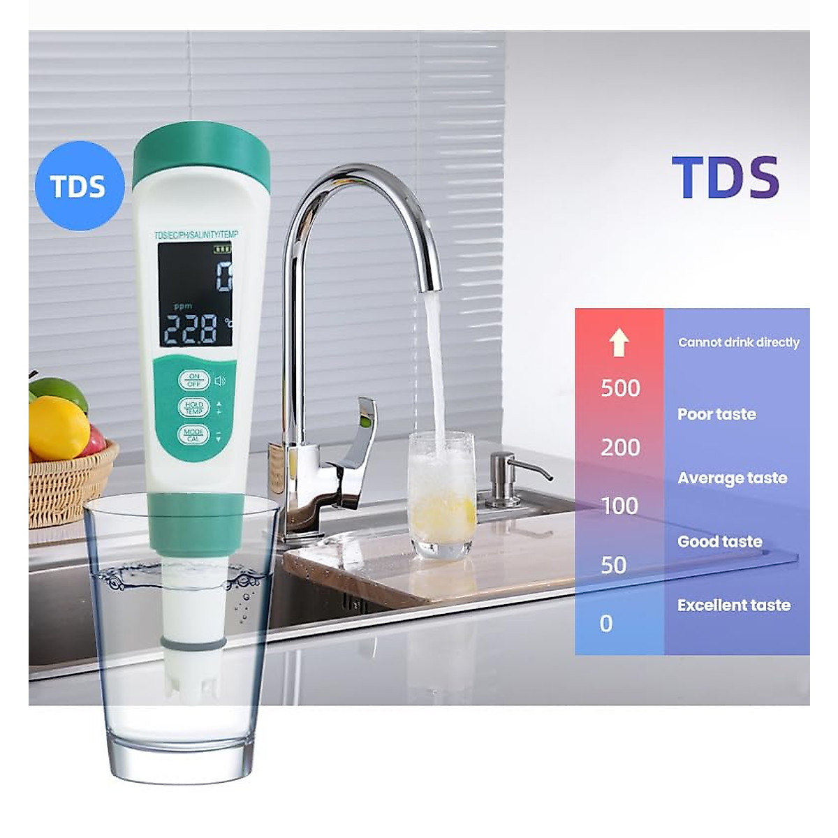 5-in-1 Voice Prompts Water Quality Tester for PH/TDS/EC/Salt/Temperature, with USB-Rechargeable, IP67 Digital pH Meter with Auto Calibration and VA for Hydroponics, Garden, Pool, Aquarium