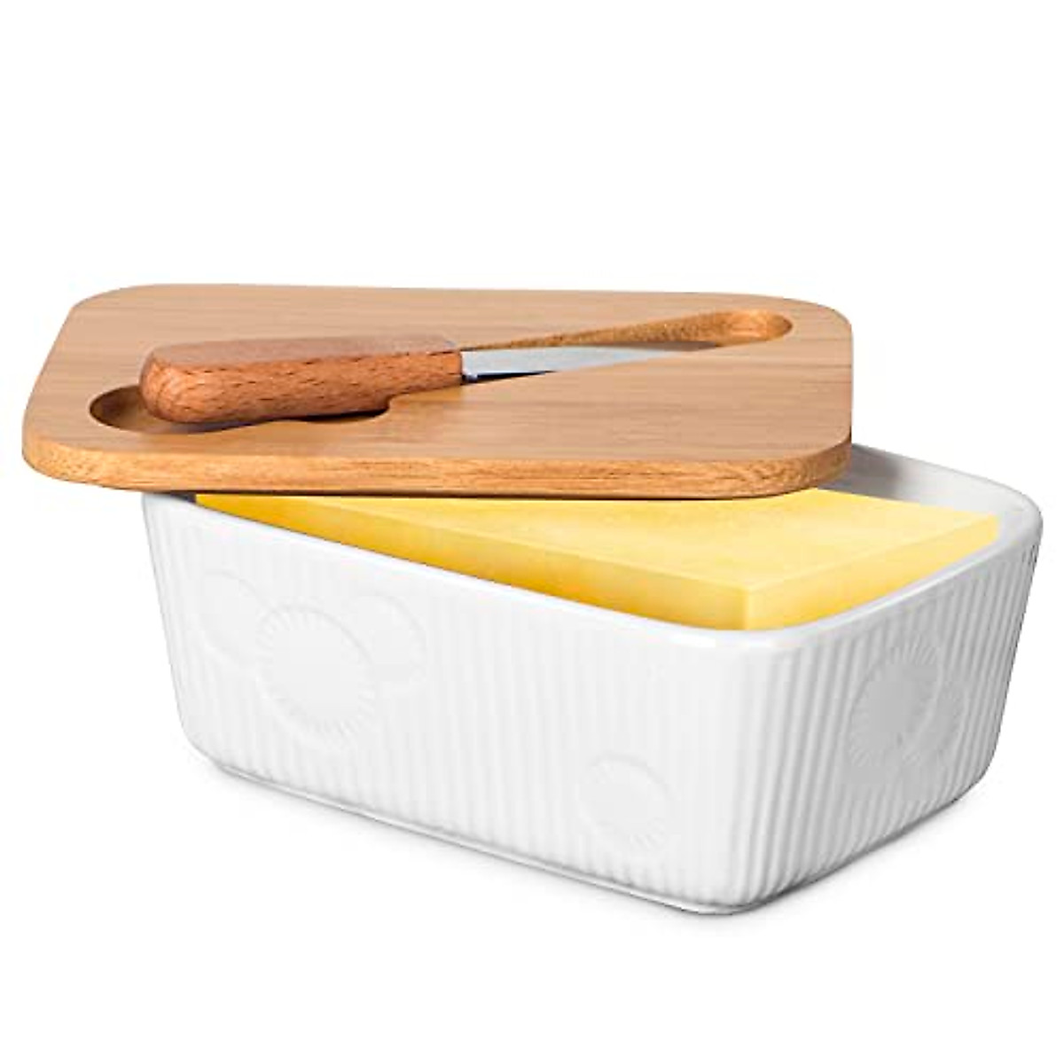 TISEMENT Versatile Butter Dish, Ceramic Embossed Butter Dish with Lid for Countertop, High-quality Butter Keeper with Bamboo Cover and Knife for Kitchen , Butter Container ,Cheese Bowl,Butter Box