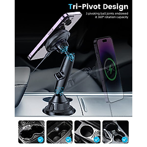 APPS2Car for Magsafe Car Mount Charger Tri-Pivot Magnetic Wireless Cup Holder Phone Mount for Car Truck with Cooling Fan Fast Charging for iPhone 15 14 13 12 Series Magsafe Case [with Car Adapter]
