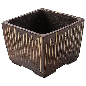Wazakura Tokoname Series Small Handmade Striped Square Bonsai Pot with Drainage Hole 4.1in (105mm) Made in Japan, Ceramic Training Starter Container, Decorative Flower Planter - Brown