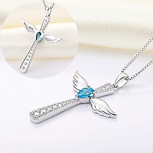 YL Cross Necklace 925 Sterling Silver Angel Wings Pendant Teardrop Created Aquamarine Criss Jewelry for Women