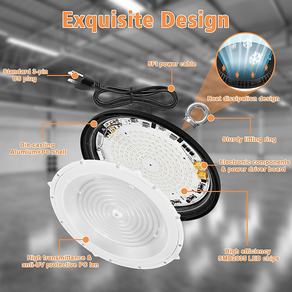 Flyship UFO LED High Bay Light, 150W High Bay LED Shop Lights 21000LM 5000K, UFO LED High Bay Light for Garage Warehouse Workshop Factory Gym Barn, 5Ft Power Cord, IP65 Waterproof, 4 Pack