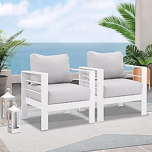 Wisteria Lane 2 Pieces Patio Furniture Aluminum Armchair, All-Weather Outdoor Single Sofa, White Metal Chair with Light Grey Cushions