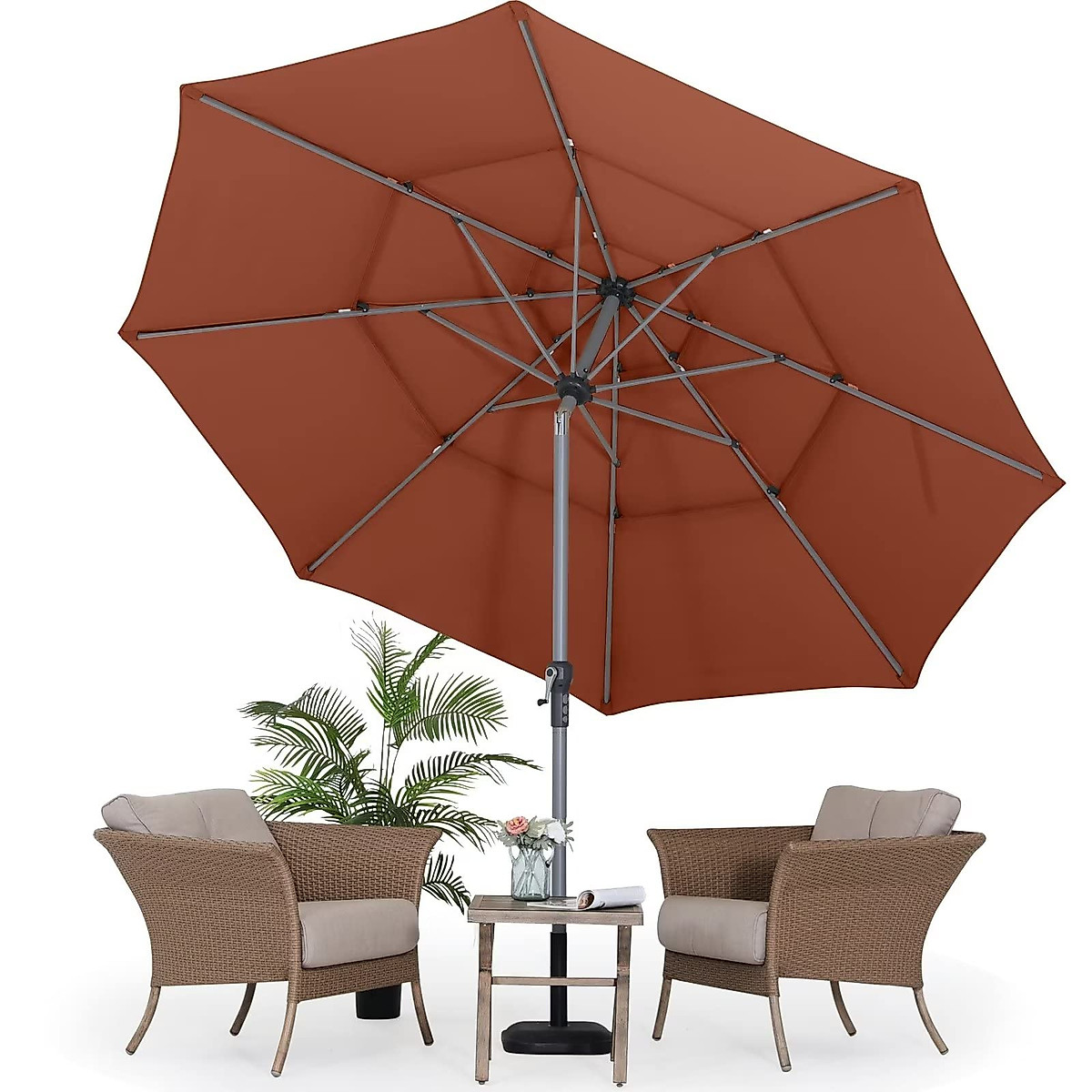 ABCCANOPY 11FT 3 Tiers Market Umbrella 3-Year-Non-Fading OLEFIN Canopy Patio Outdoor Aluminum Table Umbrella with 8 Sturdy Ribs, Rust