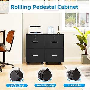GreenForest File Cabinet 2 Drawers Wooden Vertical Filing Cabinet with Lock Rolling Mobile Office Pedestal File Cabinet for Hanging File Folders Home Office Storage Cabinet, Black