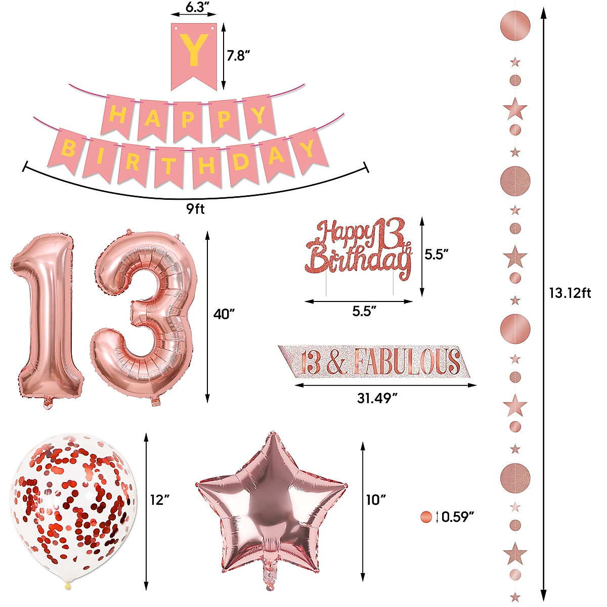 Yawagor 29 Pieces Rose Gold 13th Birthday Decorations for Girls, Happy Birthday Decor Set-13th Birthday Foil Balloons, Sash Fabulous, Cake Topper, Fringe Curtains Backdrop for Indoor Party Supplies