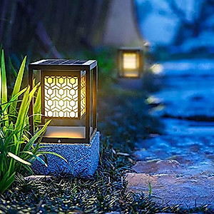 Mrdsre Chinese Style Solar Column Lights Black Finish Square Solar Column Light Post Lantern Stainless Steel Waterproof Outdoor Light Rainproof Waterproof Pillar Lamp Courtyard Lamp Garden Villa Lands