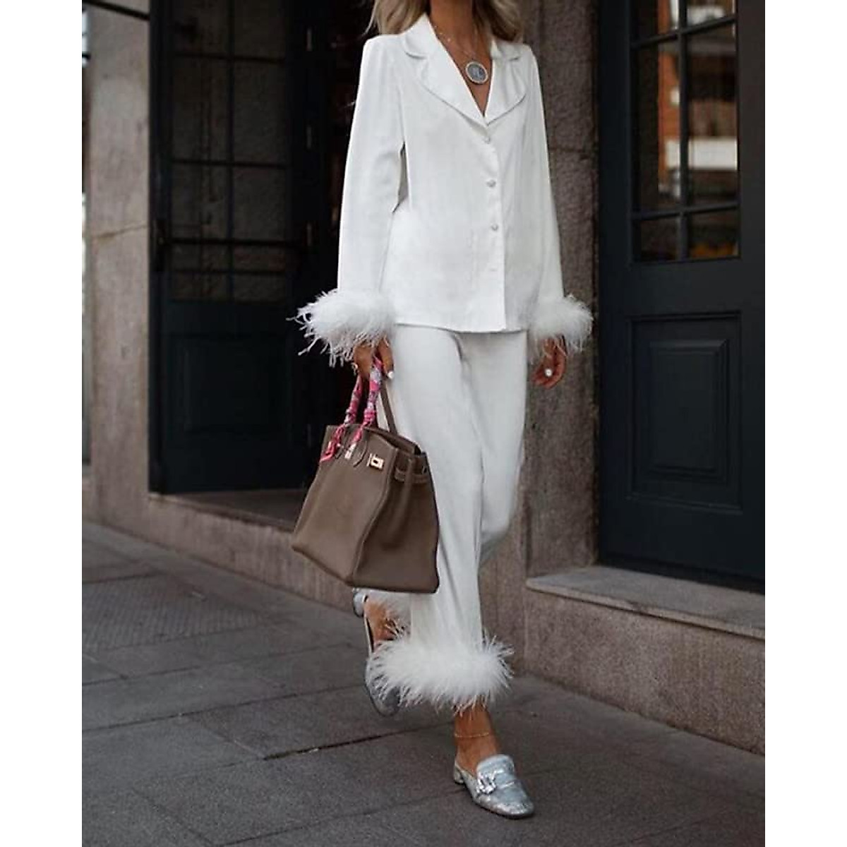 NUFIWI Stain Long Sleeve Button Down Pajamas Suit with Feather Trim Solid Color Sleepwear Set 2022 Summer Fashion Nightwear White