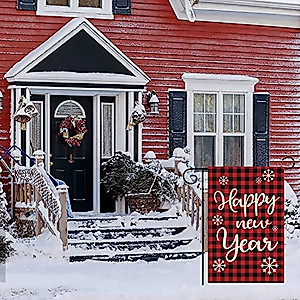 ZYP Happy New Year Burlap Garden Flag, Double Sided 12.5 x18.5 Inch Decorative Red Plaid New Year Christmas Winter Garden Yard Banner Flag Lawn Outdoor Decoration