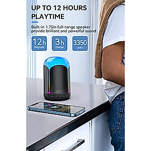 soundynamic Vibe Portable Bluetooth Speaker, Wireless Speaker with RGB LED Light, IPX7 Waterproof, TWS Pairing, Stereo Sound, Stronger Bass, APP Control, Bluetooth 5.0 for Party Beach Outdoor - Black