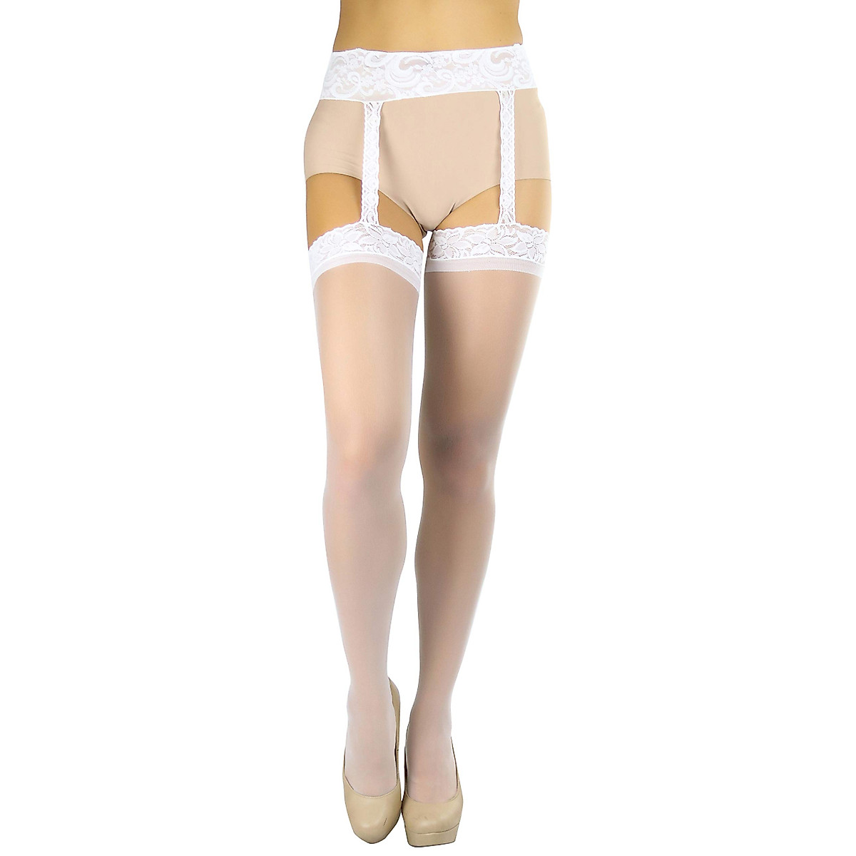 ToBeInStyle Women's All-in-1 Lace Garter Belt Sheer Backseam Stockings - White - OS