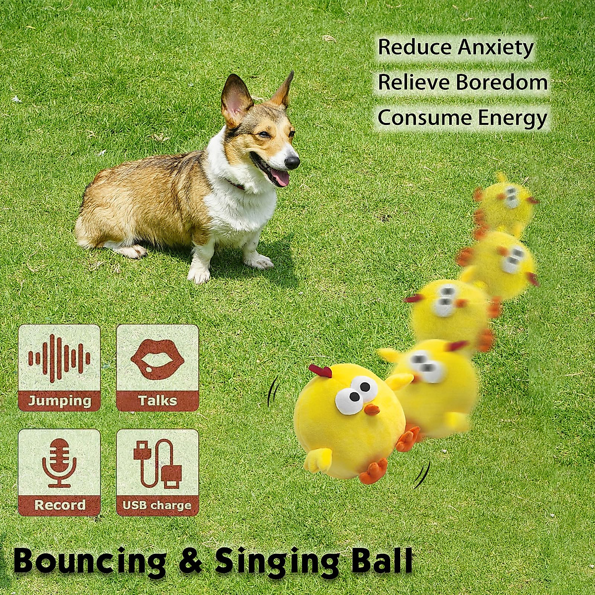 Interactive Dog Toys, Squeaky Dog Toys, Bouncing Interactive Dogs Ball for Boredom, Durable Chewing Chicken Stuffed Animal Plush Toy, Active Self Moving Ball with Music, Rechargeable & Washable