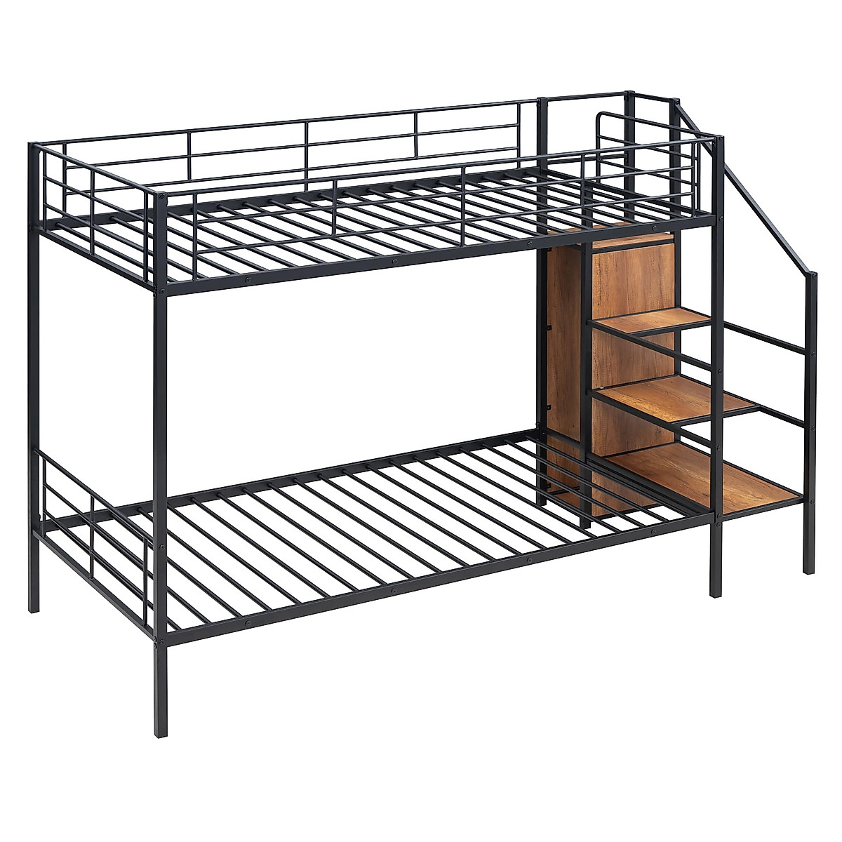 Metal Twin Over Twin Bunk Bed with Lateral Storage Ladder and Wardrobe,for Kids Teens Adults Bedroom Use (Black@Wardrobe-, Twin Over Twin)