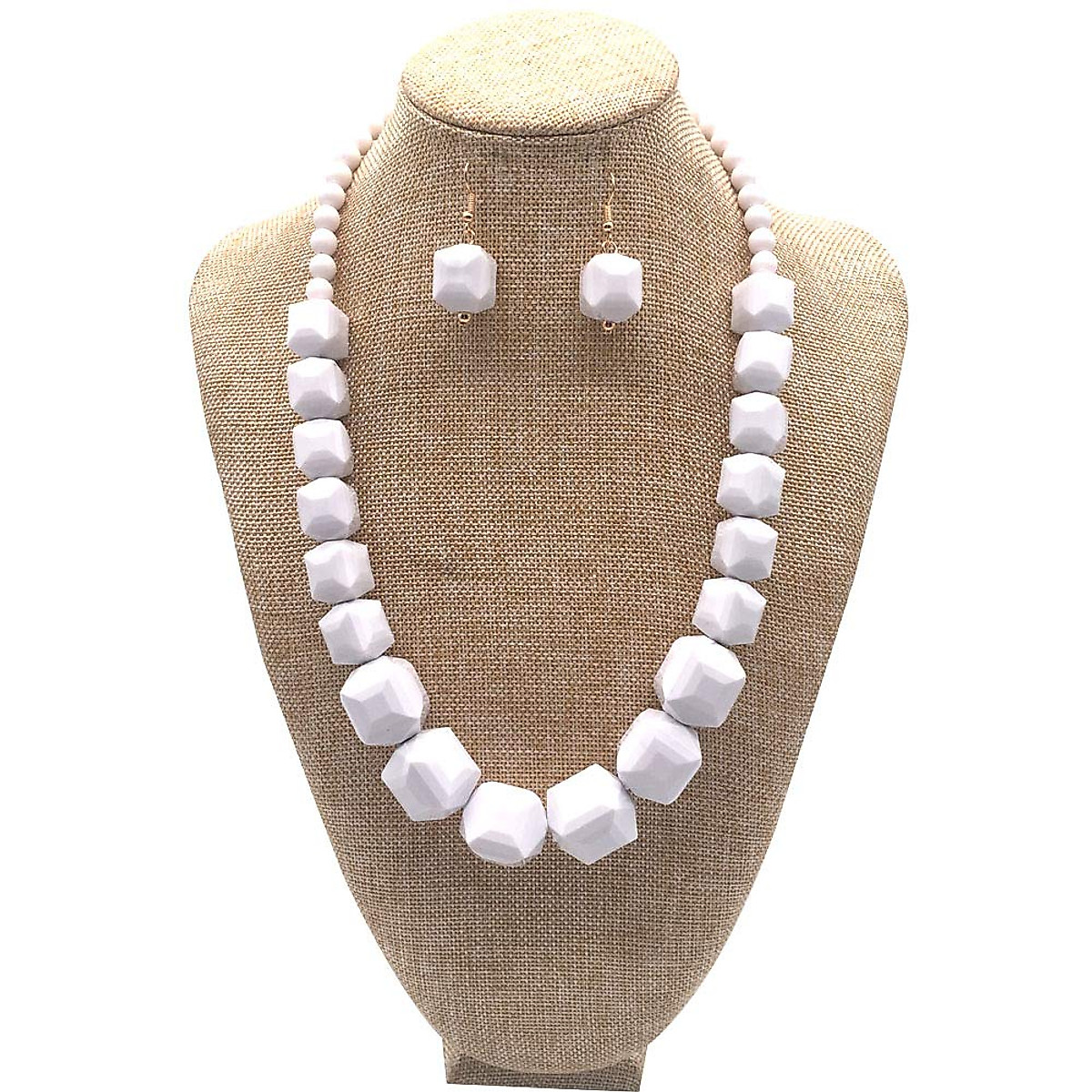 White Beads Necklace, Acrylic Costume Jewelry for Women Chunky Statement Strand Necklaces with Bracelet Dangle Earrings, Big African Beaded Necklace Halloween Festivals accessory