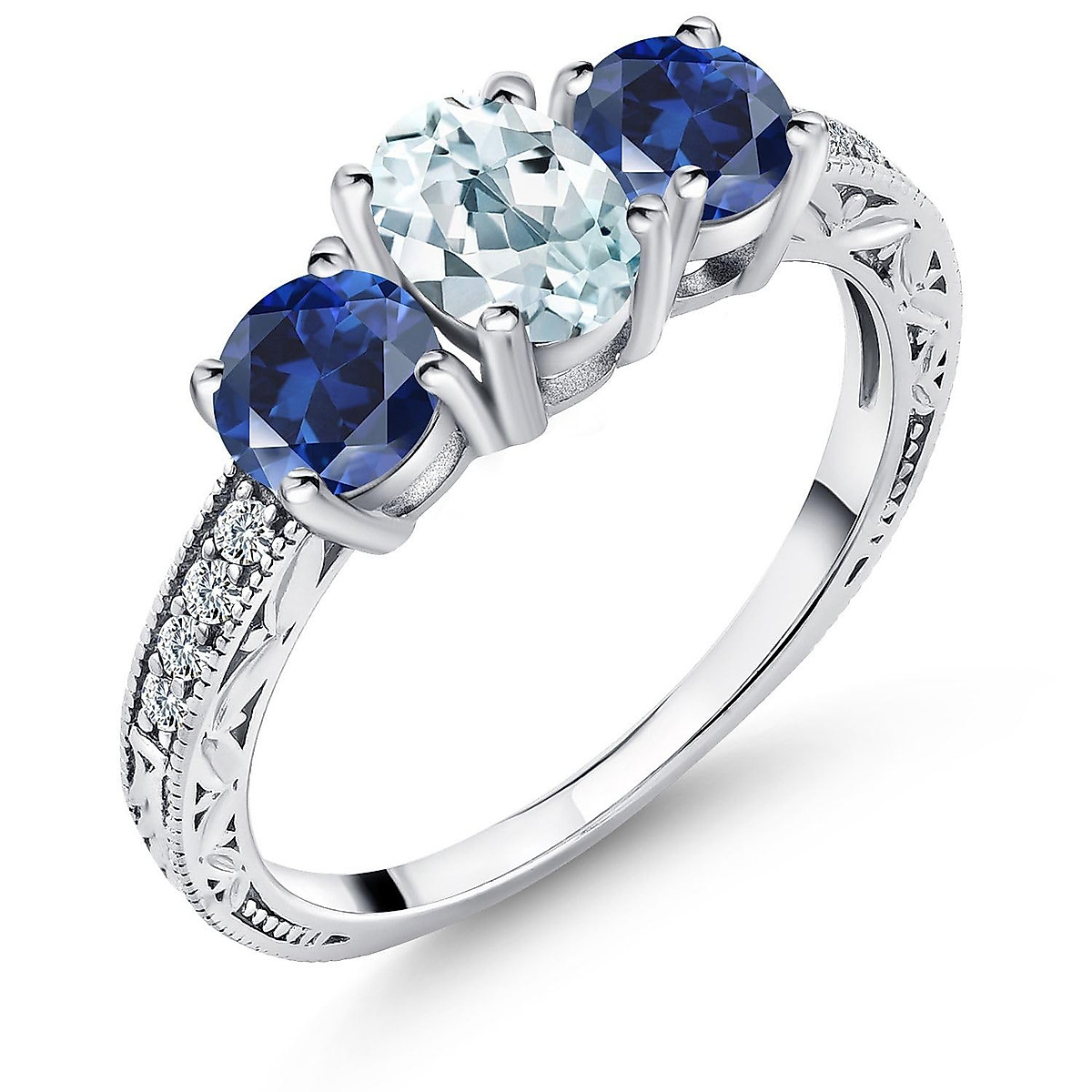 Gem Stone King 925 Sterling Silver Sky Blue Aquamarine and Blue Created Sapphire Women Ring (2.07 Cttw, Gemstone Birthstone, Available In Size 5, 6, 7, 8, 9)