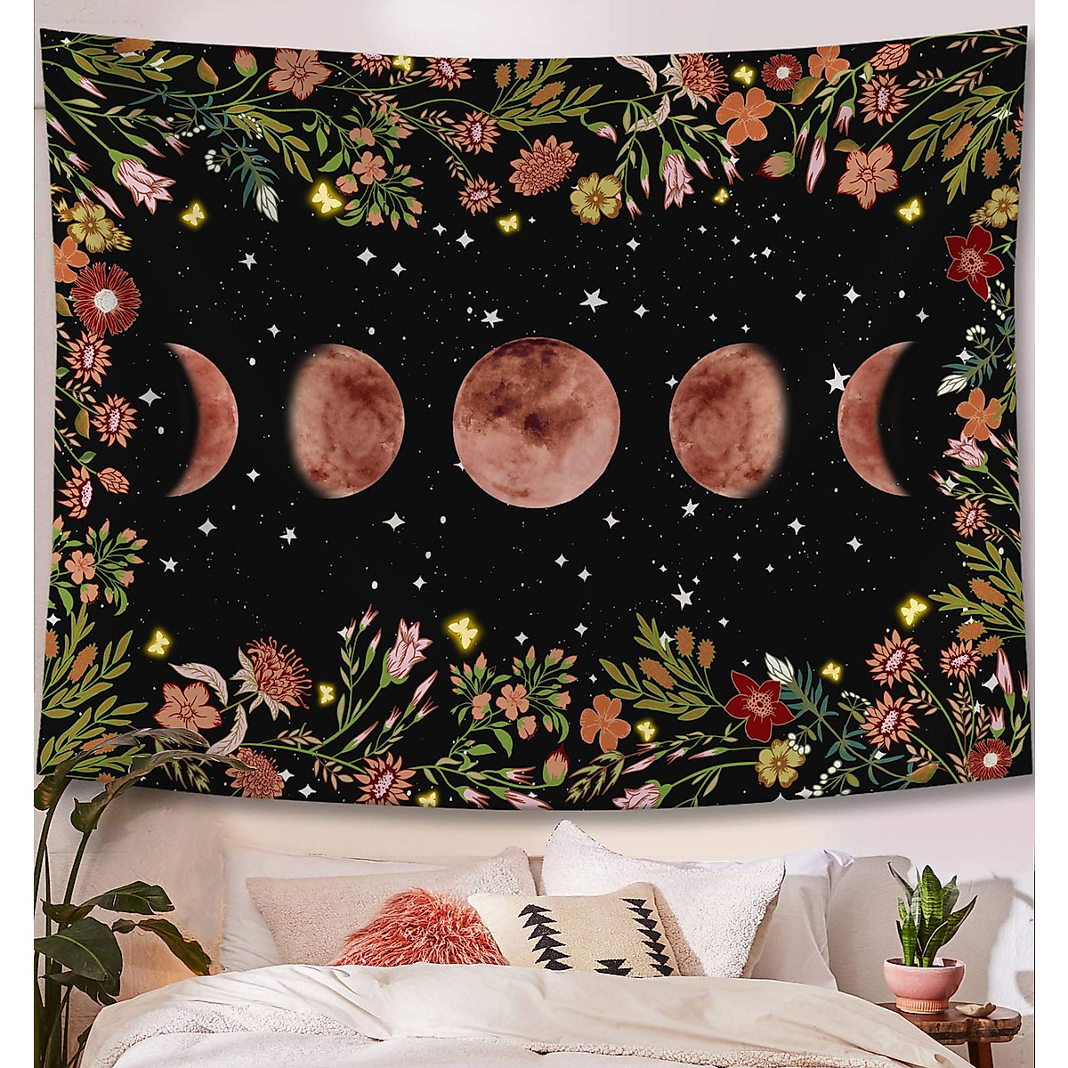 Rexful Moonlit Garden Tapestry, Moon Phase Surrounded by Plants and Flowers Black Wall Hanging Blanket 44×60 inch