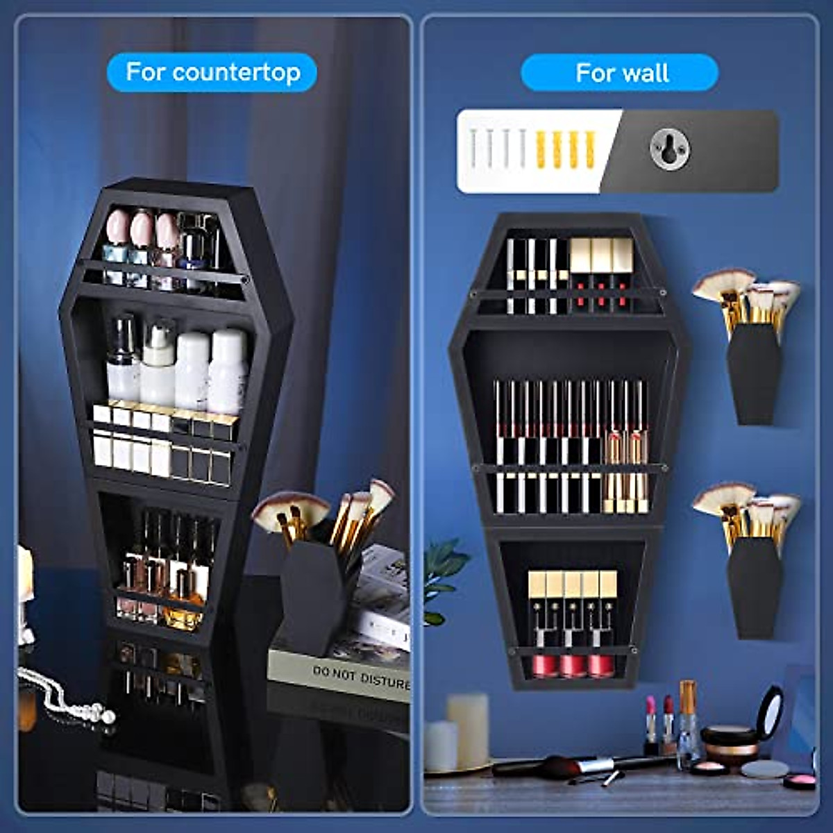 Homde Large Makeup Coffin Shelf with 2 Coffin Brush Holders Solid Wood - 3 Shelf Coffin Holder for Gothi Decor - Free Standing/Wall Hanging Spooky Coffin Decor for Bedroom or Bathroom