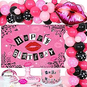 Sursurprise Burn Book Party Decorations Balloon Garland Kit with Backdrop, Lip Foil Balloon for Girls and Women Y2K Early 2000s Birthday Decor