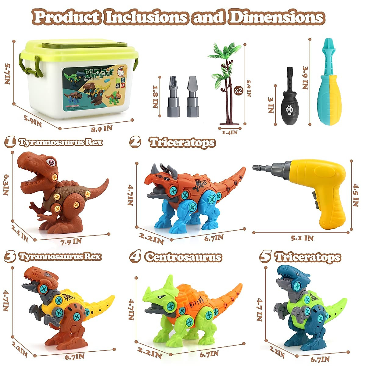 FINOTIC Dinosaur Toys for Kids 3-5 5-7, Take Apart Dinosaur Toy w/Electric Toy Drill for Boys and Girls 3 4 5 6 7 8 Year Old, Educational Building Toy w/Storage Box for Birthday Easter Gift,Set of 5