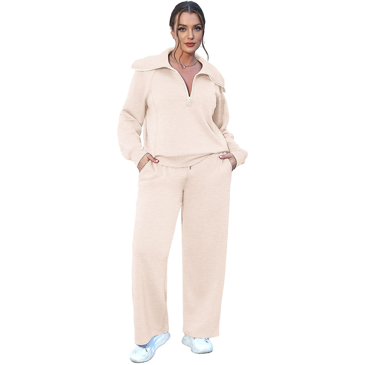 XIEERDUO Lounge Set For Women 2024 Winter Zip Up Sweatshirt And Wide Leg Sweatpant Apricot M