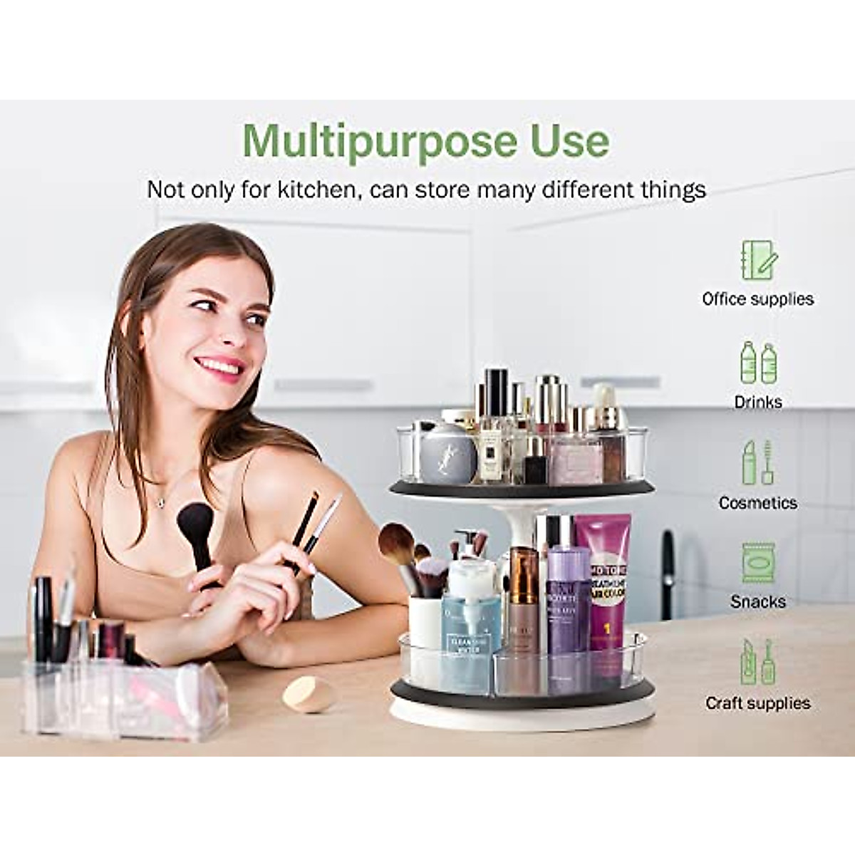 Kootek 2 Tier Lazy Susan Organizer, 11 Inches Height Adjustable Rotating Turntable, Spice Rack for Kitchen Cabinet, Countertop, Bathroom, Makeup, Pantry Organization and Storage with 4 Divided Bins