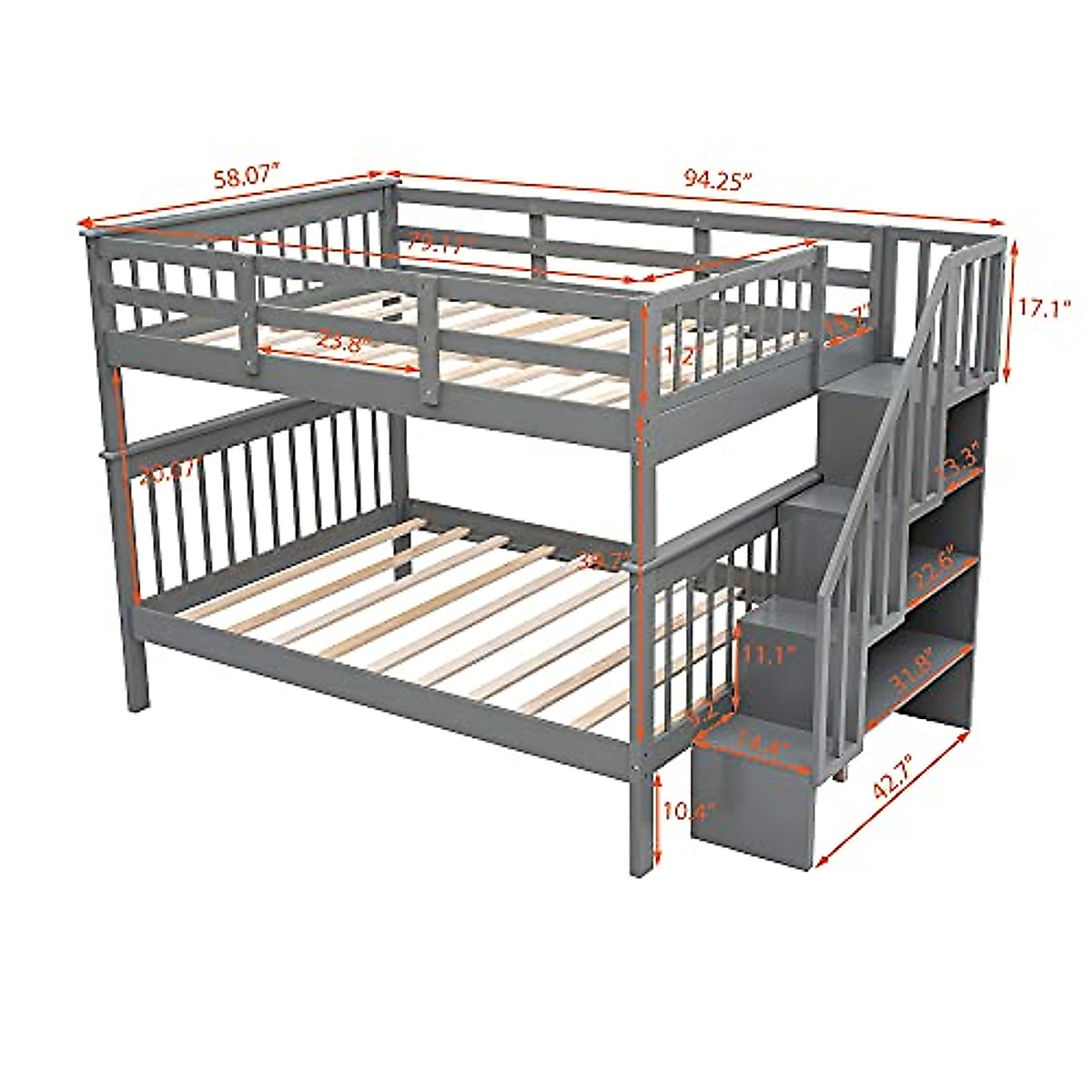 Merax Full-Over-Full Soild Wood Stairway Bunk Bed with Storage and Guard Rail for Bedroom, Dorm, Bunk Bed for Kids, Adults, Gray