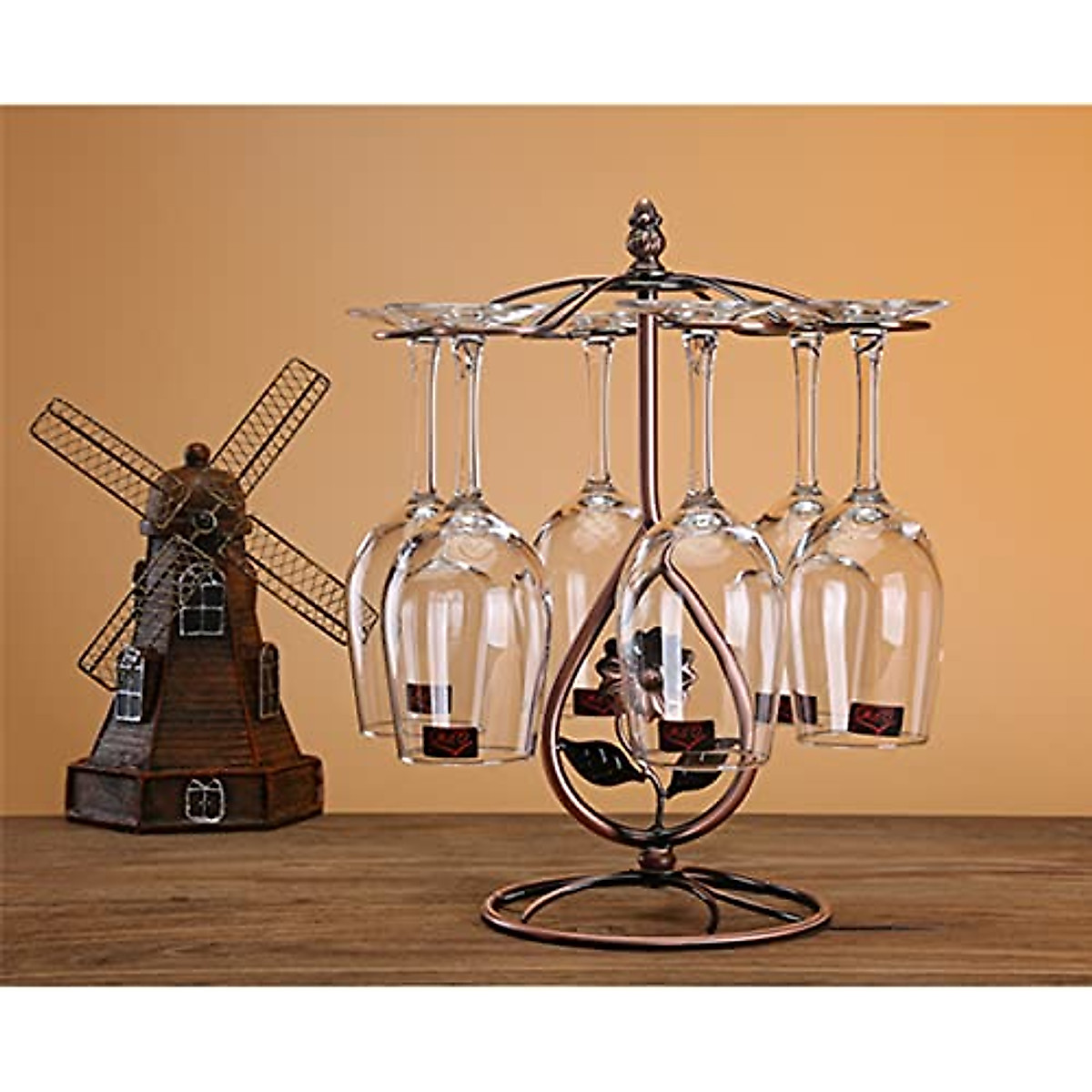 Hongiuia Wine Glass Holder - Freestanding Tabletop Metal Art - 6 Cup Storage Rack for Kitchen Bar Decor Easy Access and Storage for Wine Glasses - Bronze