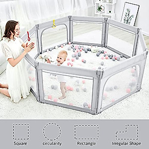 Adjustable Baby Playpen 71''x59'' Play Pens for Babies and Toddlers Foldable Baby Playards with Gate Large Baby Fence Play Area, Light Grey