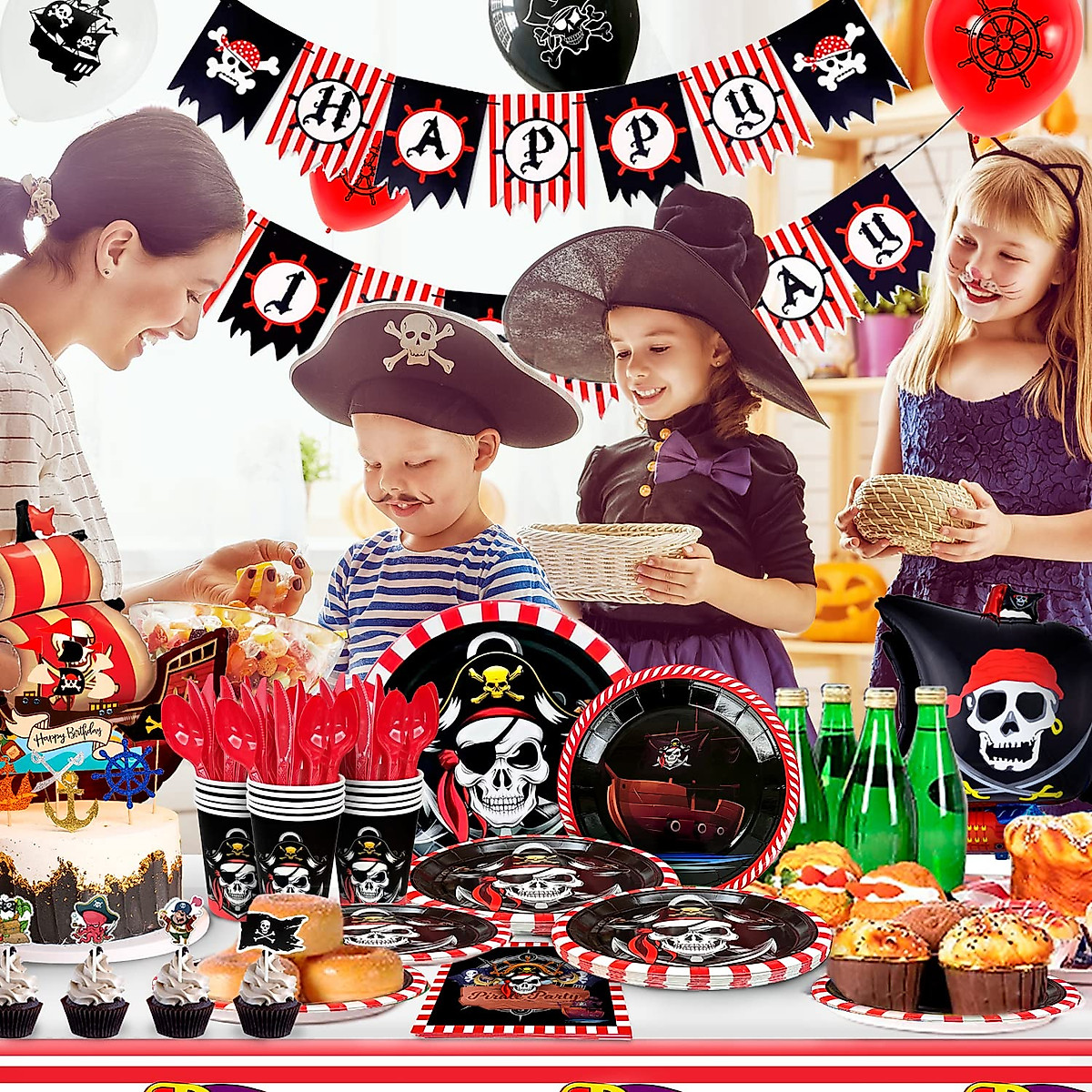 Pirate Birthday Party Supplies,161pcs Pirate Party Decorations&Tableware Set-Pirate Haging Swirln&Pirate Plates Cups Napkins Tablecloth Banner Balloons etc Pirate Birthday Party Decorations for Boys