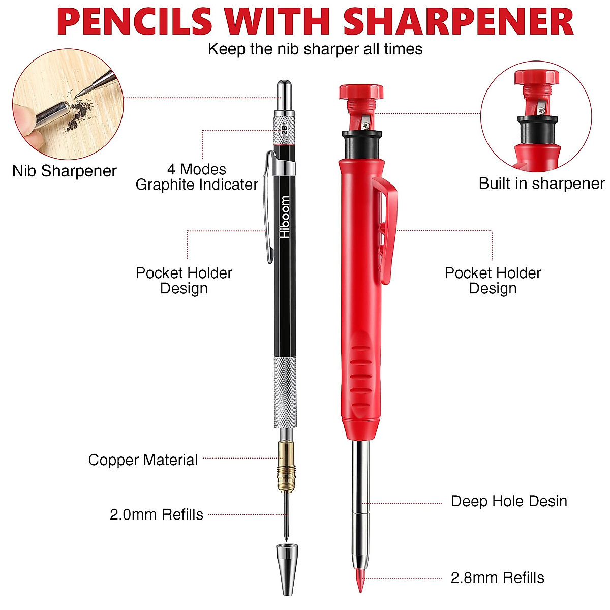 Hiboom 10 Pack Carpenter Pencil Set, 4 Colorful Solid Carpenter Pencils with Sharpener and Refills, Automatic Center Punch, Carbide Scribe Tool Kit for Construction Woodworking