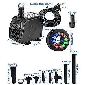 15W 1000L/H Submersible Fountain Water Pump with 12 Colorful LED Lights, Mushroom and Blossom Spray Head for Aquarium Fish Tank, Pond,Outdoor Fountain, Water Feature, Statuary Gardens