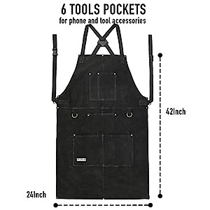 LeaSeek Leather Welding Apron,Heat & Flame-Resistant Heavy Duty Work Apron with 6 Pockets,Woodworking Shop Apron (Black-42)