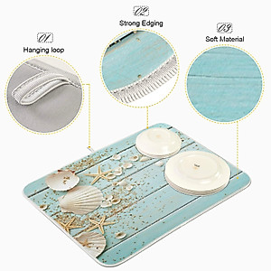 Kcldeci Summer Seashell Starfish On Wooden Dish Drying Mat 18x24 inch Dish Drying Pad Dish Drainer Mat Dish Mat Kitchen Counter Mat