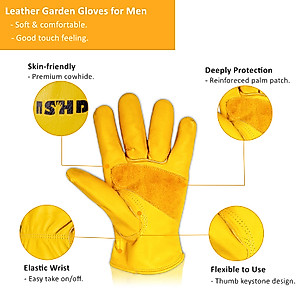 FEISHDEK Yellow Large Cowhide Thorn Proof Gardening Gloves for Men Safety Working Gloves with Durable Grip Reinforced Palm Patch