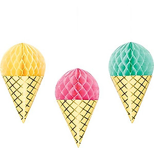 Creative Converting Ice Cream Party Hanging Honeycomb Ice Cream Decorations, 3 ct, Multi-color, Hanging decorations measure 13" x 6.5"