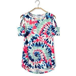 wodceeke Women's Short-Sleeved Off-Shoulder T-Shirt Tie Dye Plus Size Round Neck Tee Summer Casual Tops (Light blue, M)