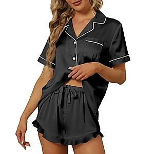 SAPJON Satin Silk Pajamas for Women 2Pcs Ruffle Notch Collar Sleepwear Button Down Short Sleeve Shorts Pjs Set Loungewear Black