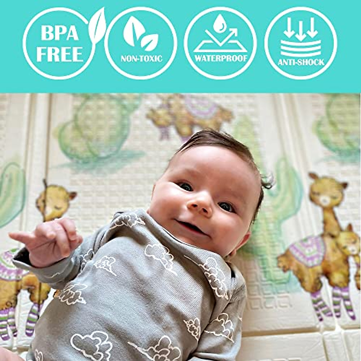 JumpOff Jo - Large Waterproof Foam Padded Play Mat for Infants, Babies, Toddlers, Play & Tummy Time, Foldable Activity Mat, 70 in. x 59 in. - Llama & Koala, Pack of 1