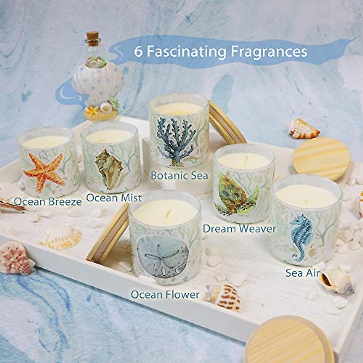 Gorge Moment Scented Candles, 6 Pack Candles for Home Scented, Ocean Themed Glass Jar Candle with Wooden Lid, Aromatherapy Candle Gifts Set for Anniversary Birthday Christmas Mother Valentine's Day